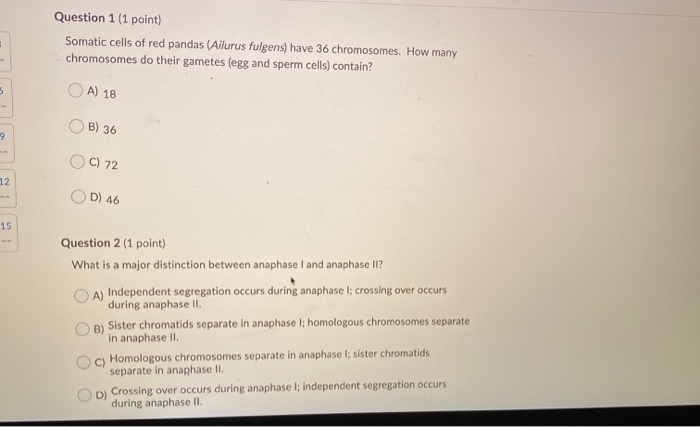 Solved Question 1 (1 point) Somatic cells of red pandas | Chegg.com