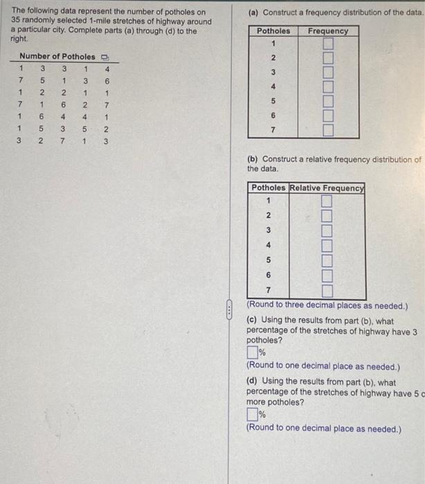 Solved The following data represent the number of potholes | Chegg.com