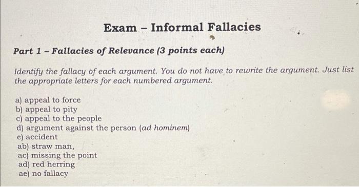 Solved Exam - Informal Fallacies Part 1 - Fallacies of | Chegg.com