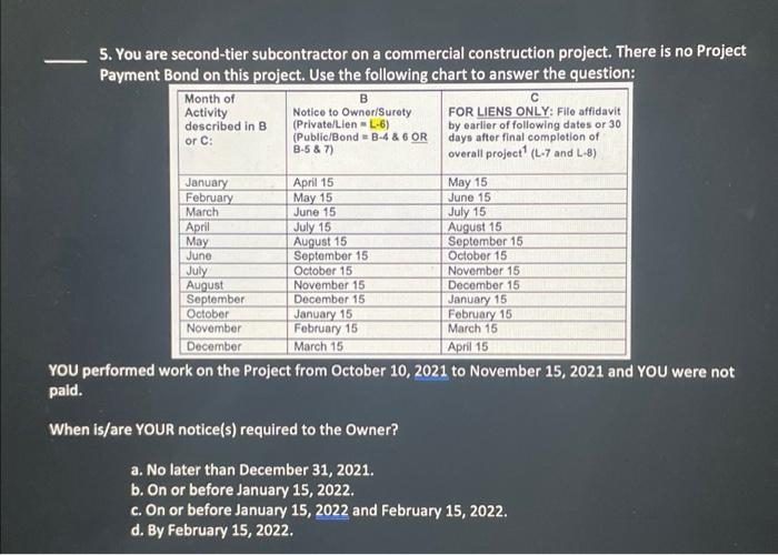 Solved - 5. You are second-tier subcontractor on a | Chegg.com