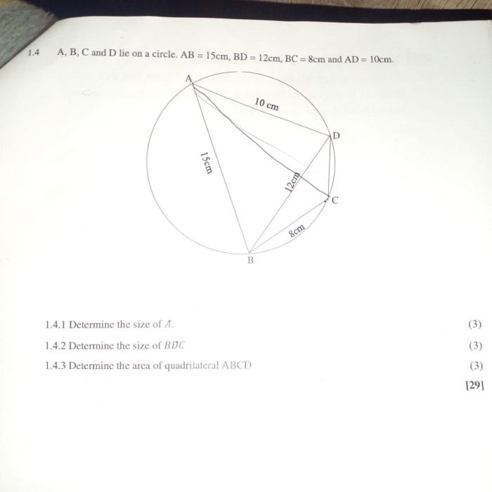 Solved A,B,C and D lie on a circle. AB=15 cm,BD=12 cm,BC=8 | Chegg.com