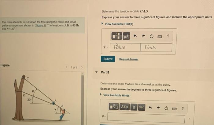 [Solved]: Determine the tension in cable ( C A D ) Expres