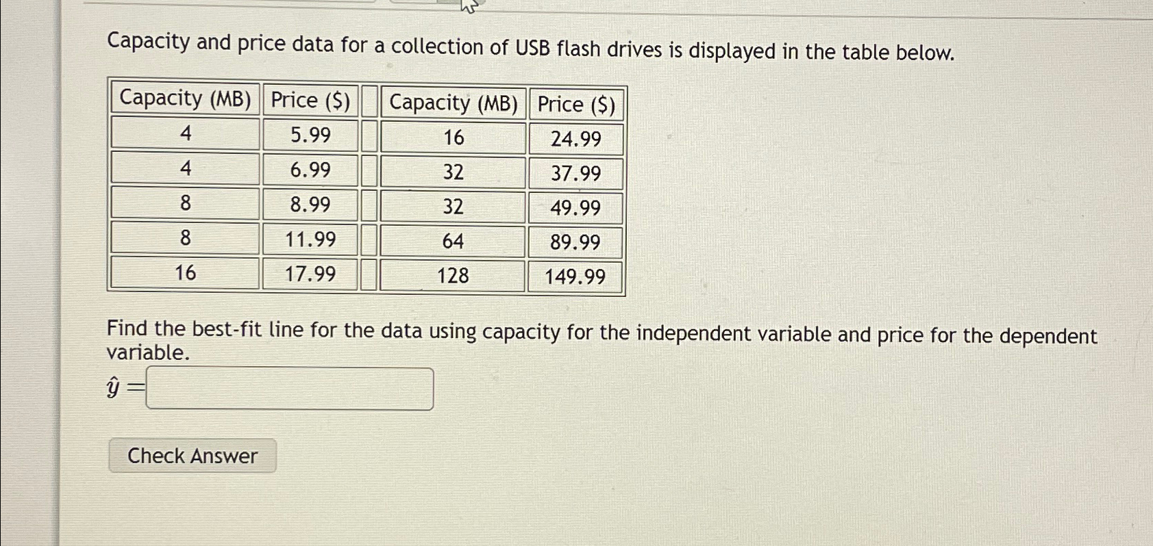 Solved Capacity and price data for a collection of USB flash | Chegg.com