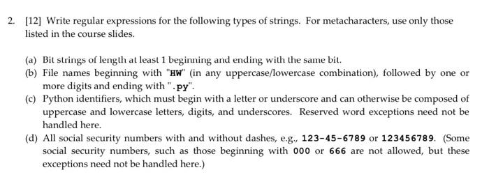Solved 2. [12] Write regular expressions for the following | Chegg.com