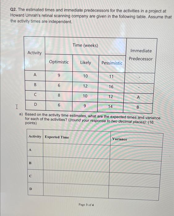 Solved Q1 The network diagram of a project is shown below. | Chegg.com