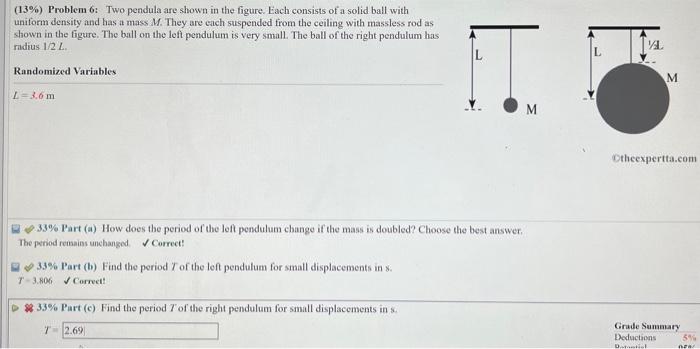 Solved (13%) Problem 6: Two pendula are shown in the figure. | Chegg.com