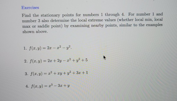 Solved Exercises Find the stationary points for numbers 1 | Chegg.com