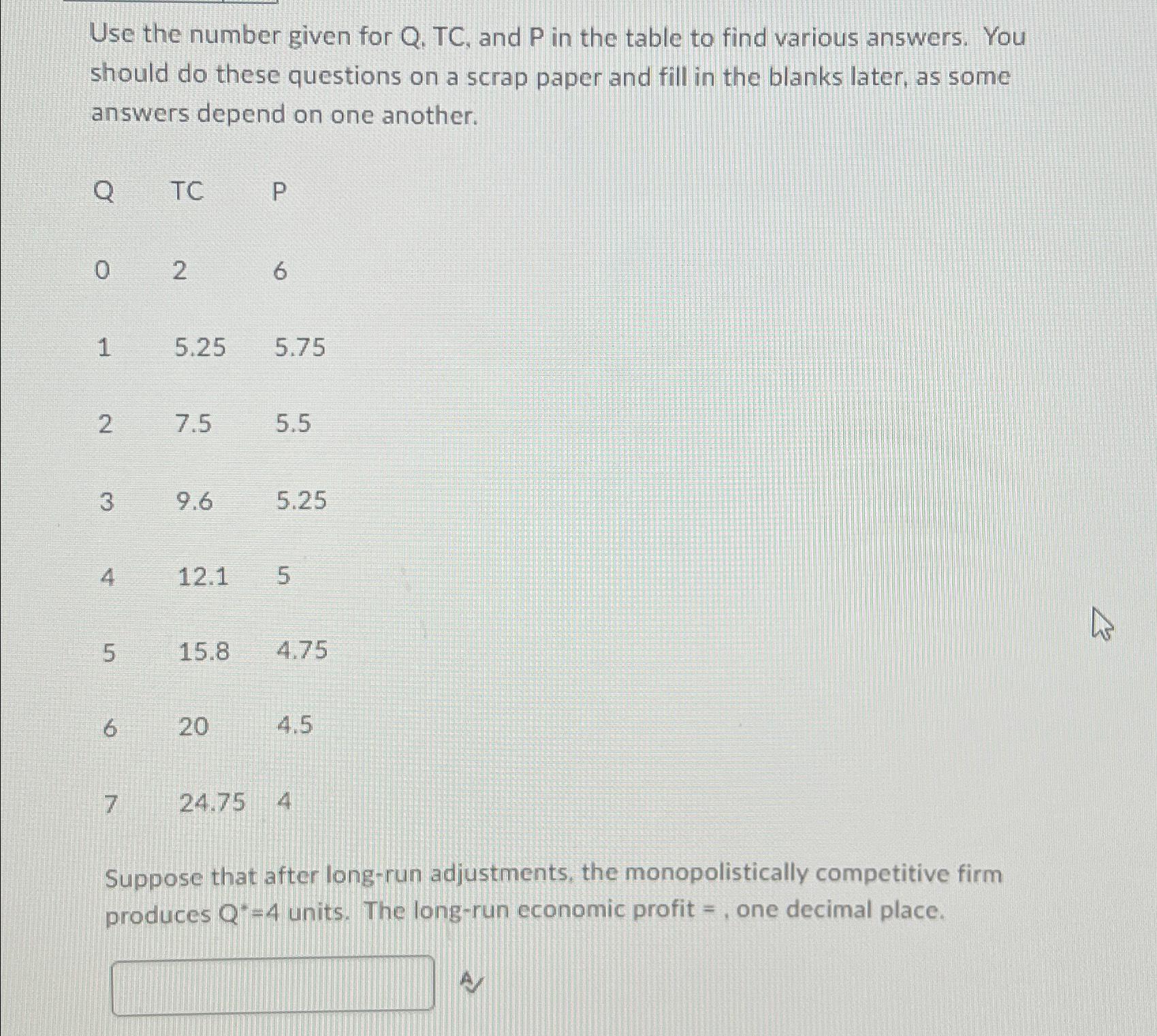 Solved Use the number given for Q, ﻿TC, ﻿and P ﻿in the table | Chegg.com