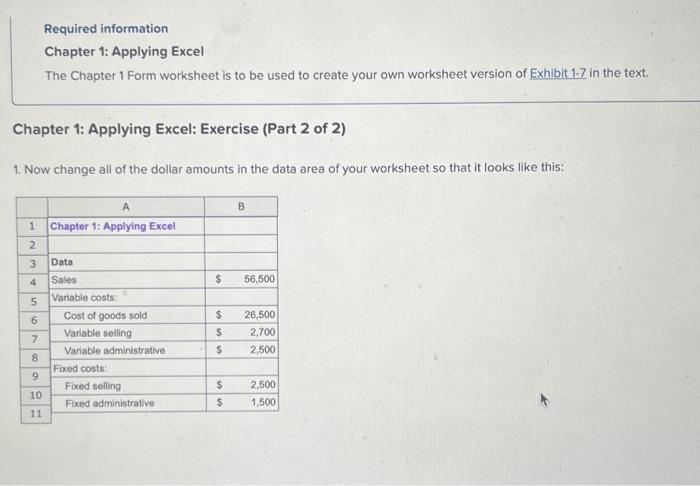 Required information Chapter : Applying Excel The | Chegg.com