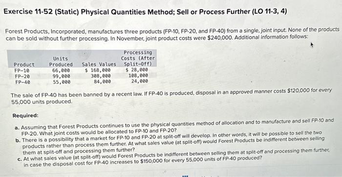 Solved Exercise 11-52 (Static) Physical Quantities Method; | Chegg.com