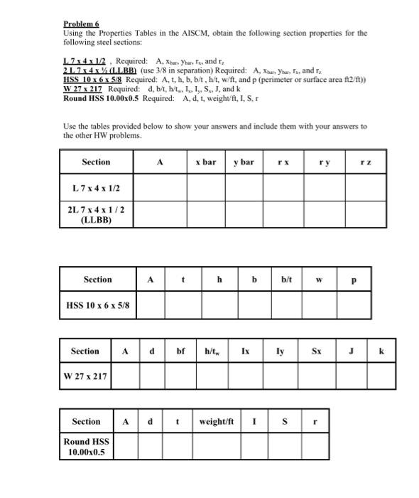 Solved Problem 6 Using the Properties Tables in the AISCM, | Chegg.com