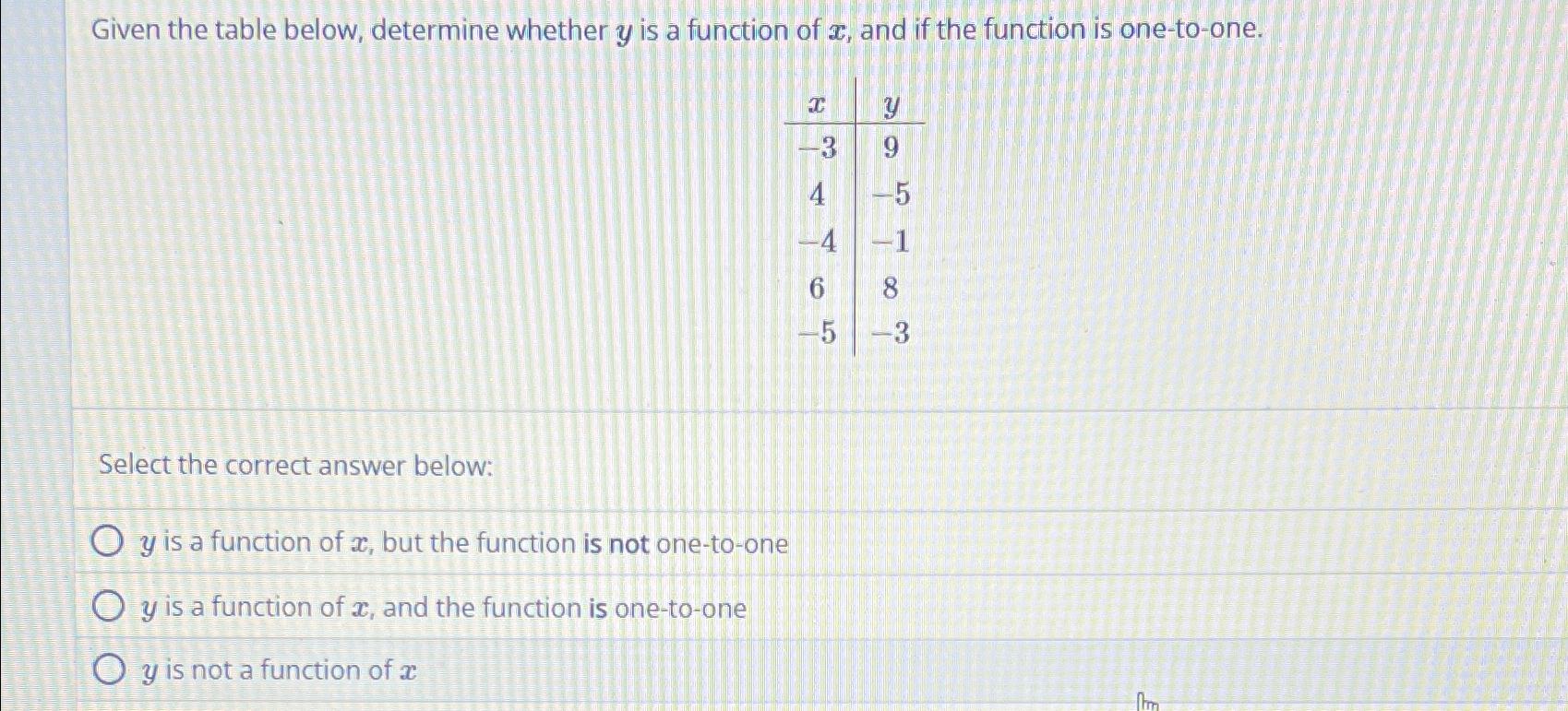 Solved Given the table below, determine whether y ﻿is a | Chegg.com