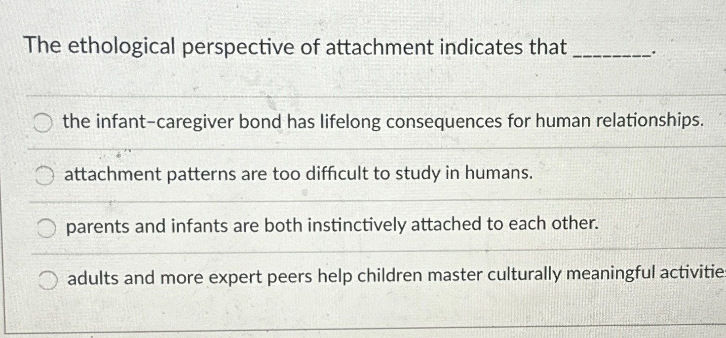 Solved The ethological perspective of attachment indicates | Chegg.com