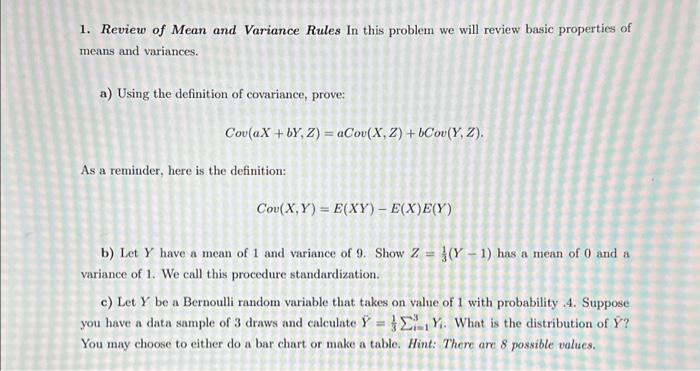 Solved 1. Review of Mean and Variance Rules In this problem | Chegg.com