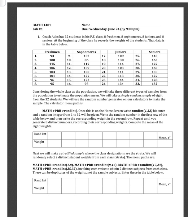 MATH 1401 Name Lab #1 Due: Wednesday, June 24 (by | Chegg.com