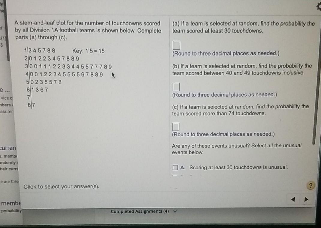 Solved A stem-and-leaf plot for the number of touchdowns | Chegg.com