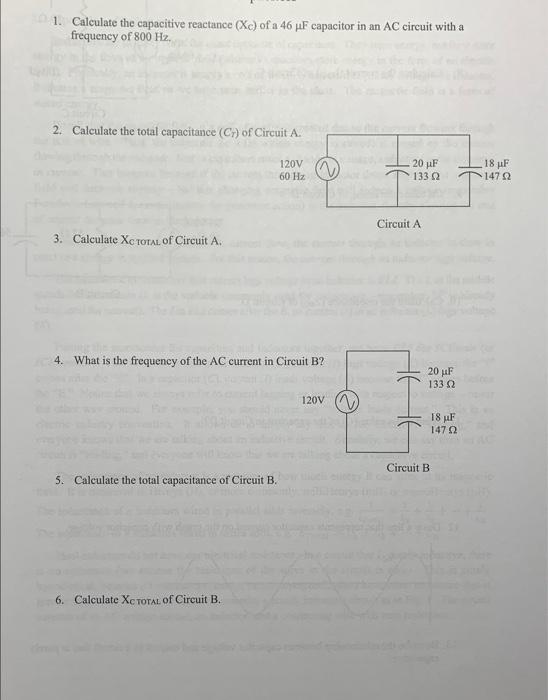 Solved 1. Calculate the capacitive reactance (XC) of a 46μF | Chegg.com