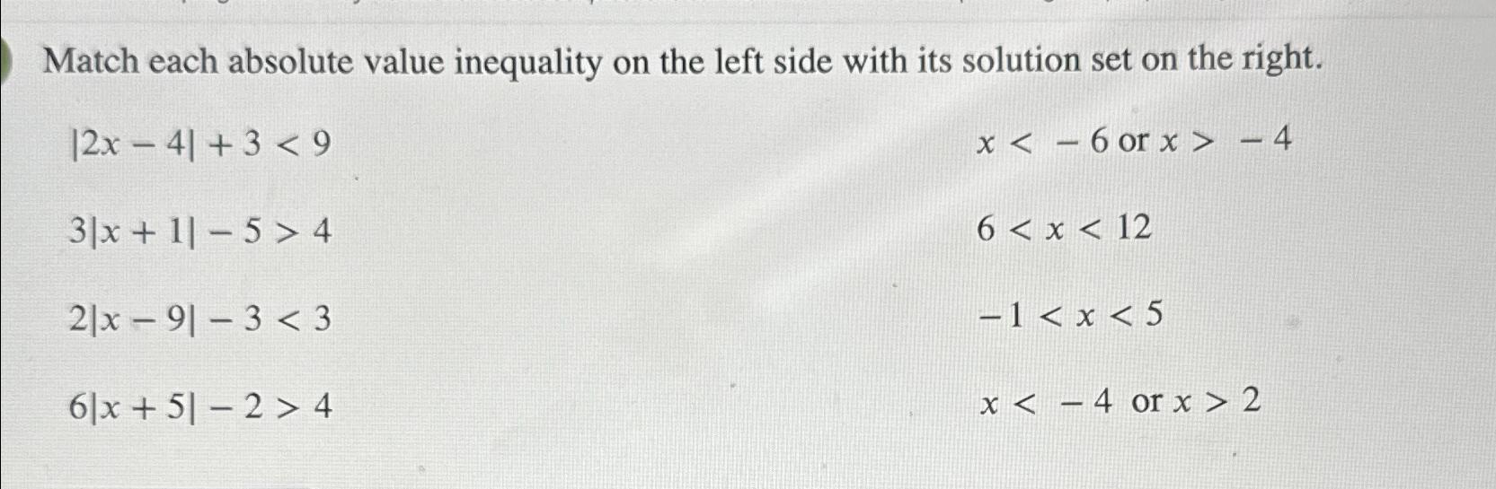 Match each absolute value inequality on the left side | Chegg.com