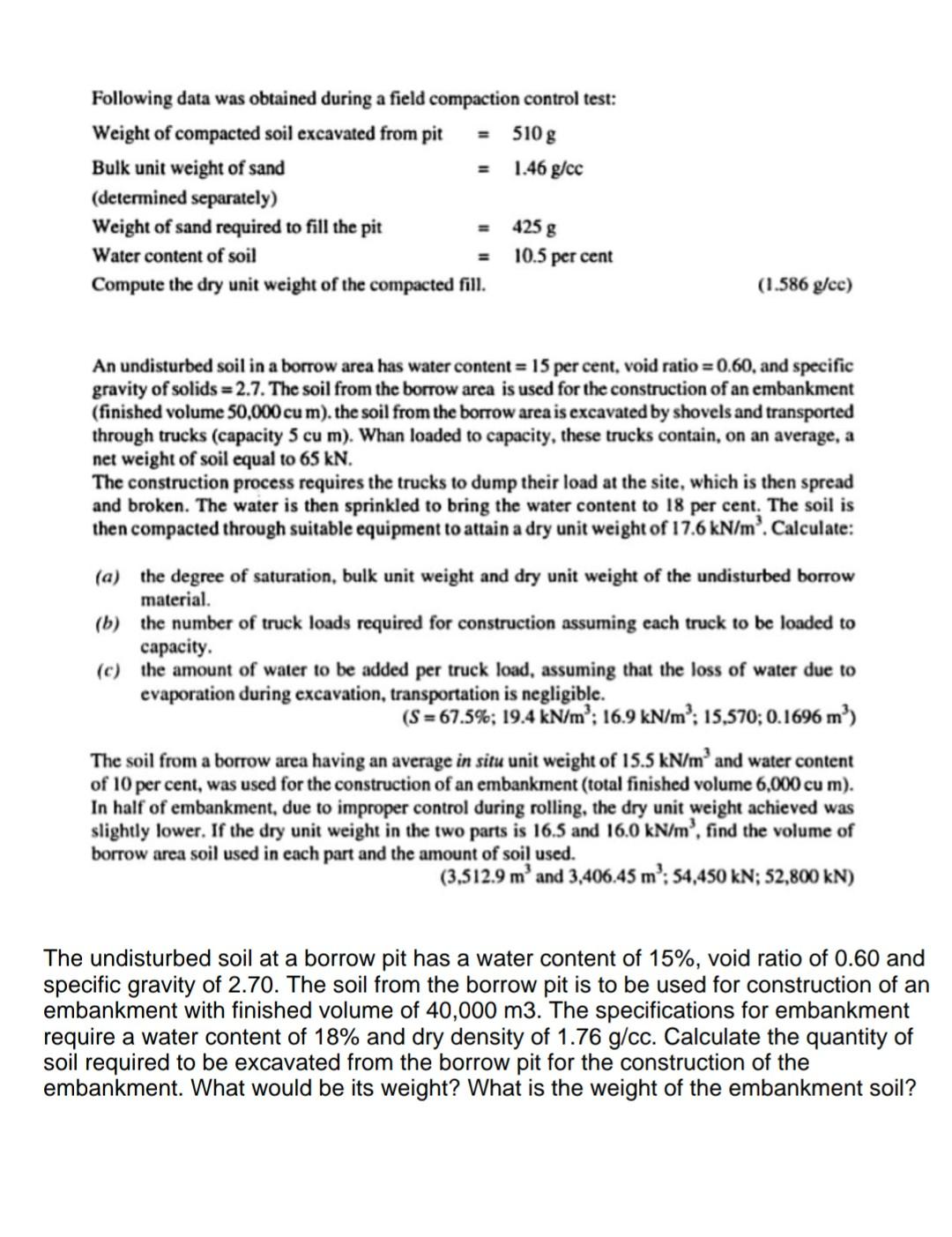 Solved Following data was obtained during a field compaction | Chegg.com