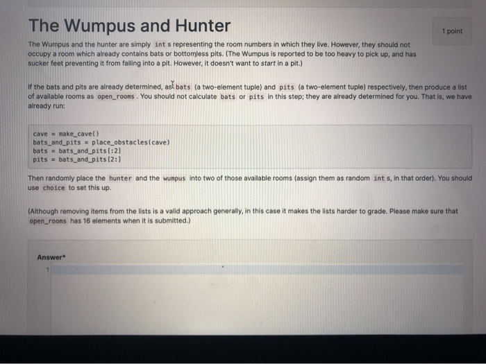 The Wumpus and Hunter 1 point The Wumpus and the | Chegg.com