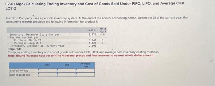 Solved E7-6 (Algo) Calculating Ending Inventory and Cost of | Chegg.com