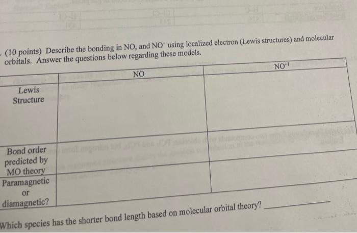 Solved (10 points) Describe the bonding in NO, and NO+using | Chegg.com