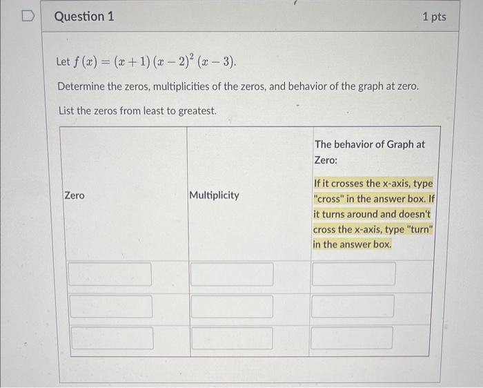 Solved Let f(x)=(x+1)(x−2)2(x−3). Determine the zeros, | Chegg.com