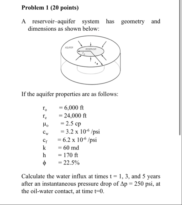 Problem 1 (20 ﻿points)A reservoir-aquifer system has | Chegg.com