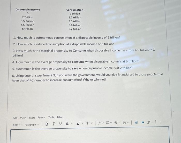 Solved 1. How much is autonomous consumption at a disposable | Chegg.com
