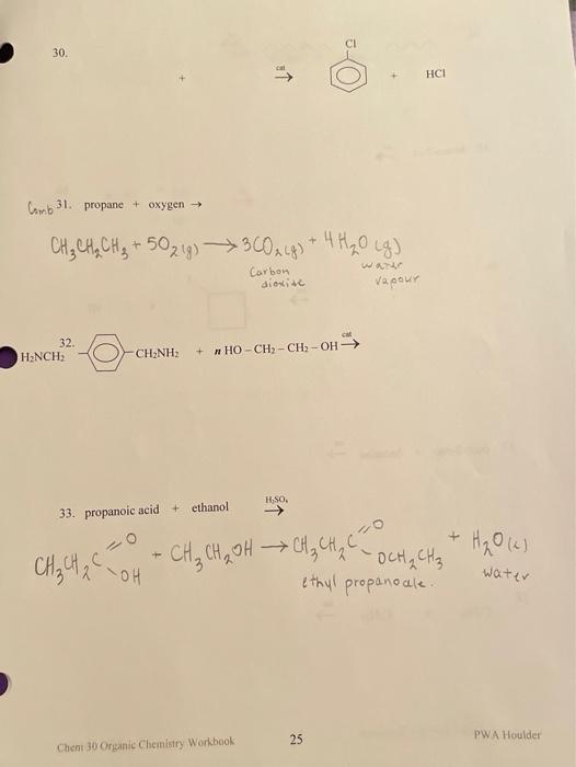 Solved CI 30. cal > HCI Comb 31. propane + oxygen → CH₃ CH₂ | Chegg.com