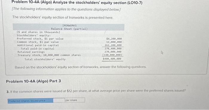 Solved Problem 10-4A (Algo) Analyze the stockholders' equity | Chegg.com