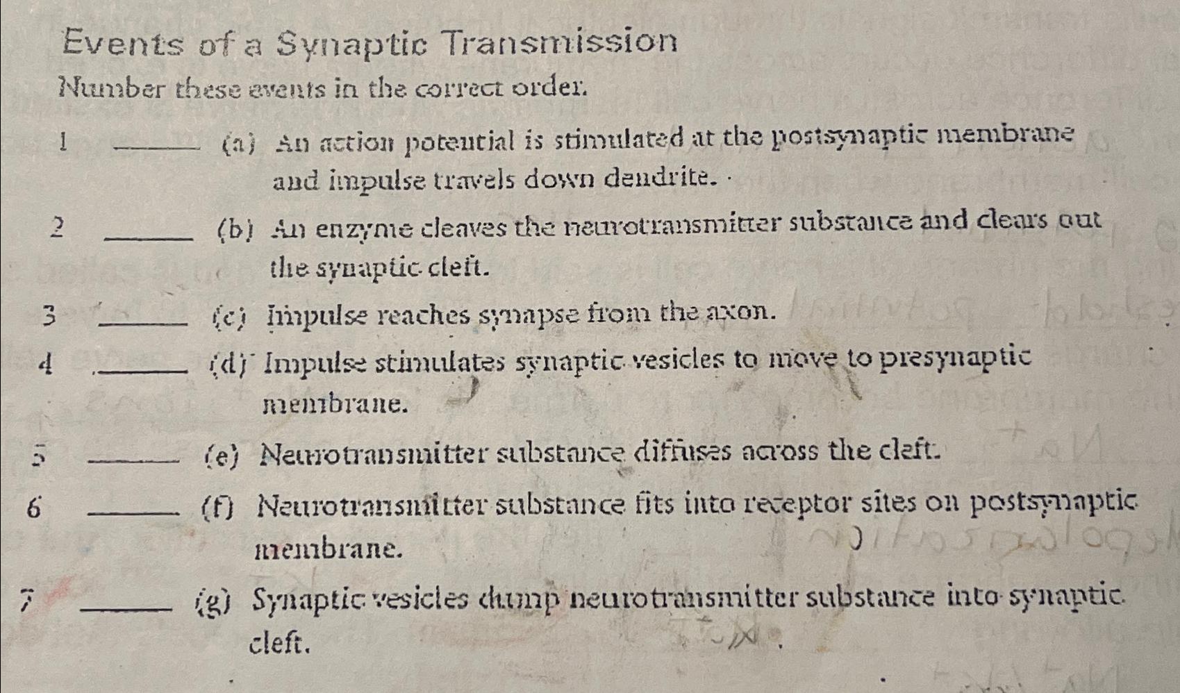 Solved Events of a Synaptic TransmissionWumber these arents | Chegg.com