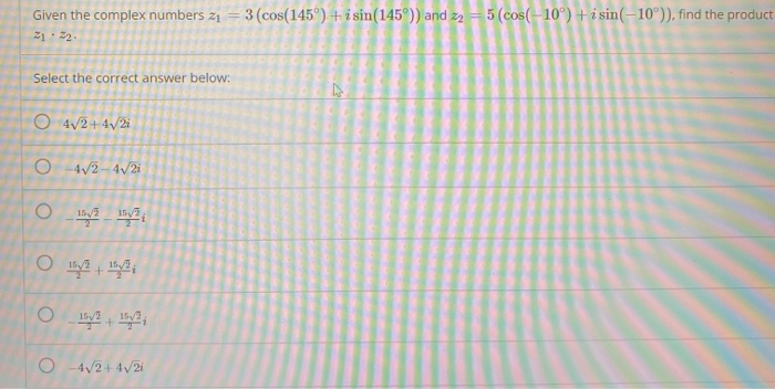 Solved Given the complex numbers z1 = 3 (cos(145) + i | Chegg.com