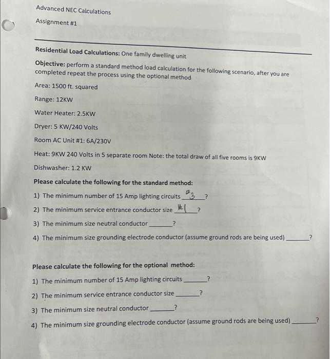 Solved Advanced NEC Calculations Assignment #1 Residential | Chegg.com