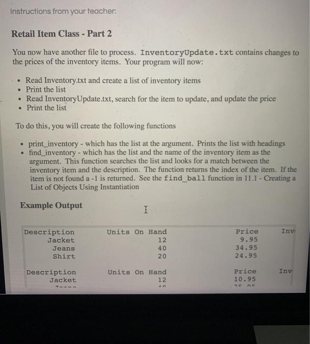 Solved Instructions from your teacher Retailltem Class - | Chegg.com