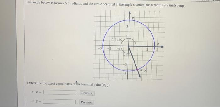 Solved The angle below measures 5.1 radians, and the circle | Chegg.com