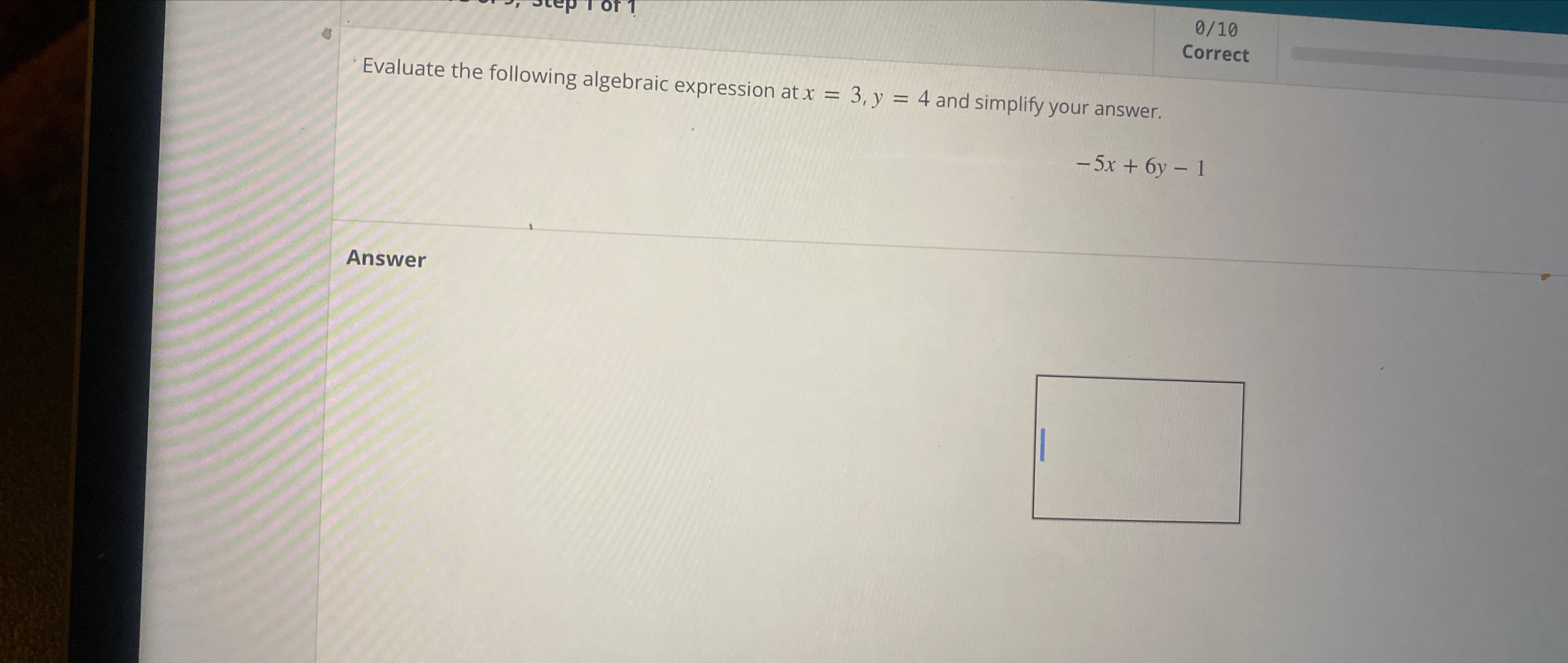 Solved 010CorrectEvaluate the following algebraic expression | Chegg.com