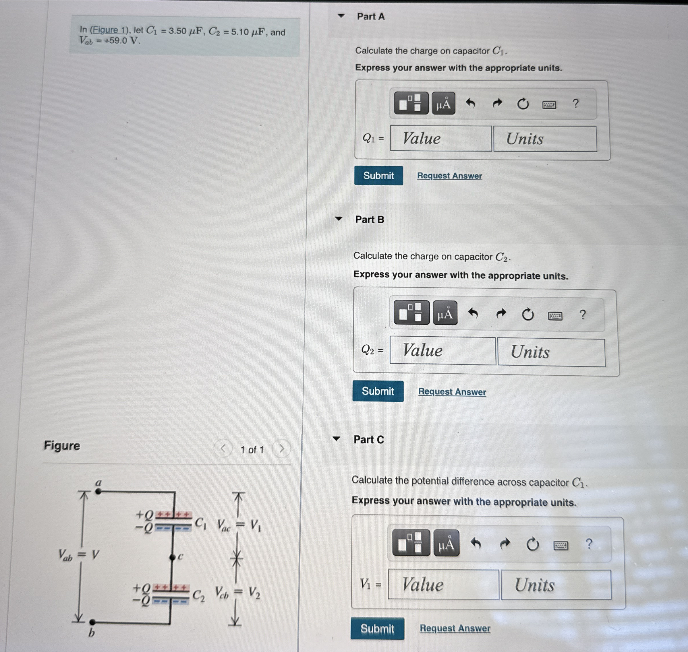 Solved In (Figure 1), ﻿let C1=3.50μF,C2=5.10μF, ﻿and | Chegg.com