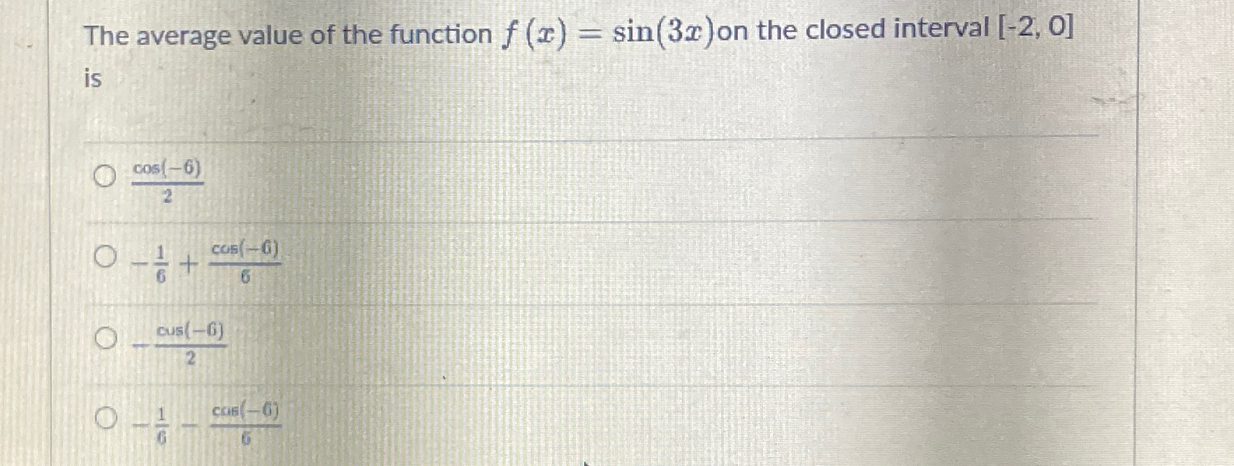 Solved The average value of the function f(x)=sin(3x) ﻿on | Chegg.com
