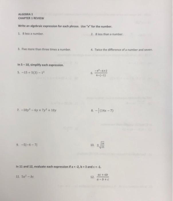 Solved ALGEBRA 1 CHAPTER 1 REVIEW Write an algebraic | Chegg.com
