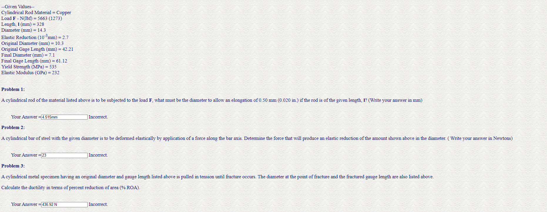 Solved --Given Values-- ﻿ ﻿Cylindrical Rod Material = | Chegg.com