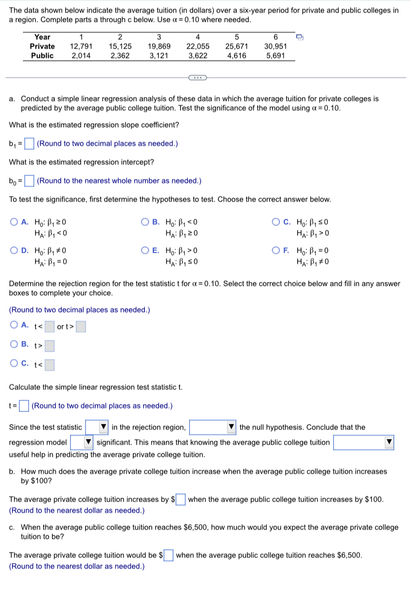 Solved The data shown below indicate the average tuition (in | Chegg.com