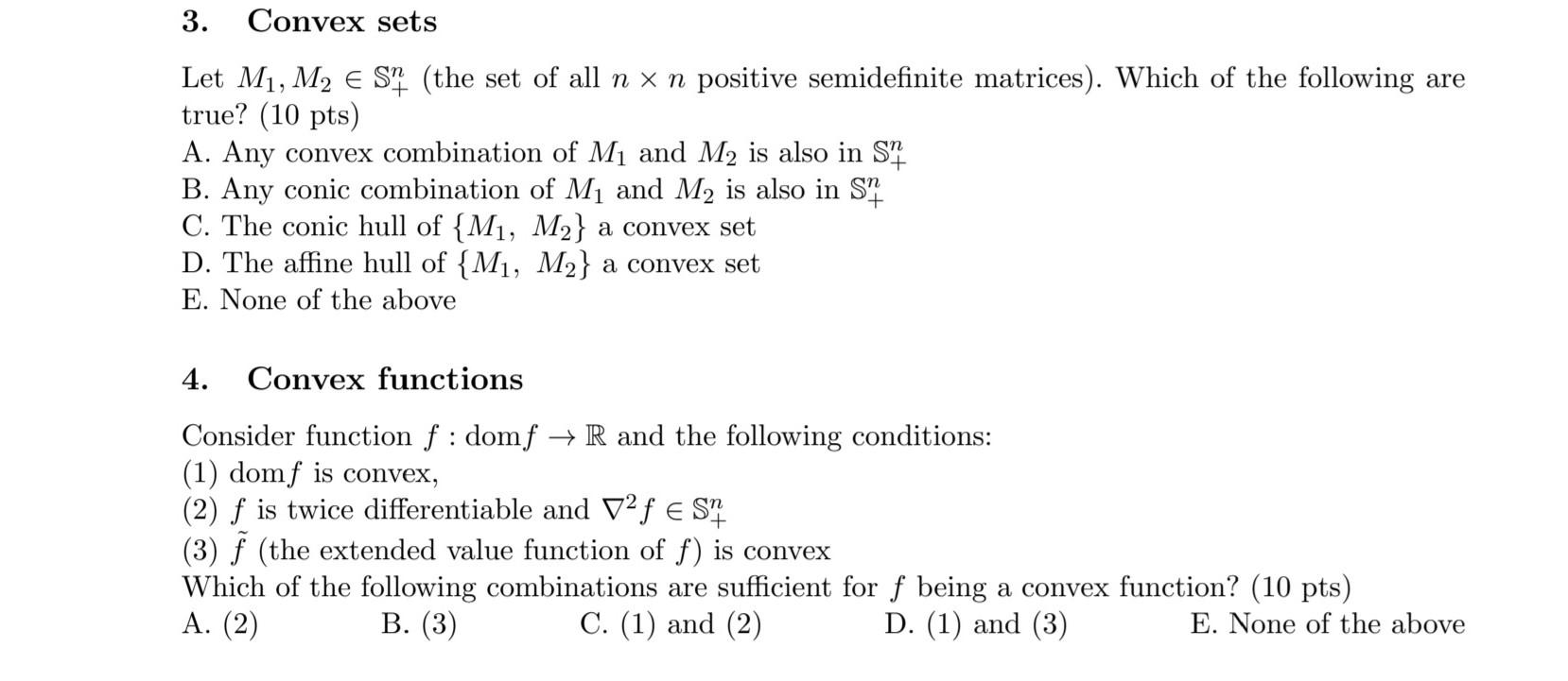3. Convex sets Let M1,M2∈S+n (the set of all n×n | Chegg.com