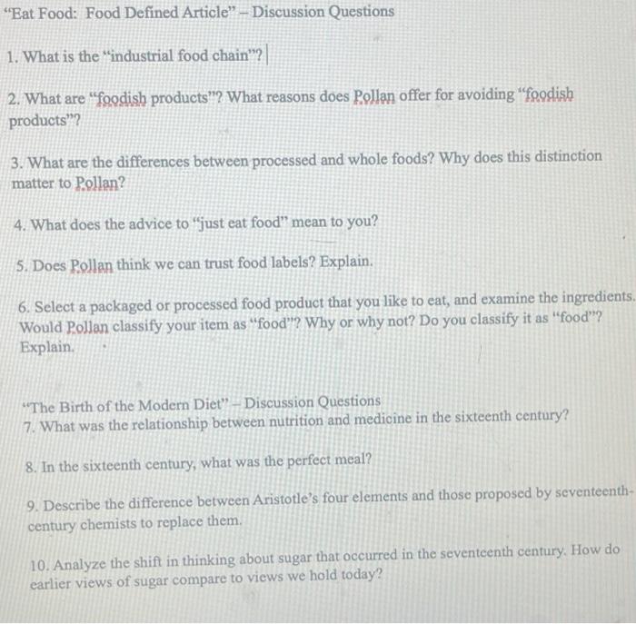 “Eat Food: Food Defined Article” – Discussion | Chegg.com