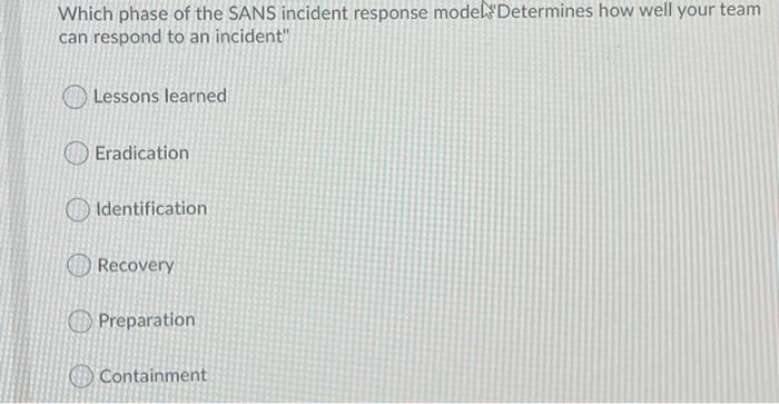 Solved Which phase of the SANS incident response model ' | Chegg.com