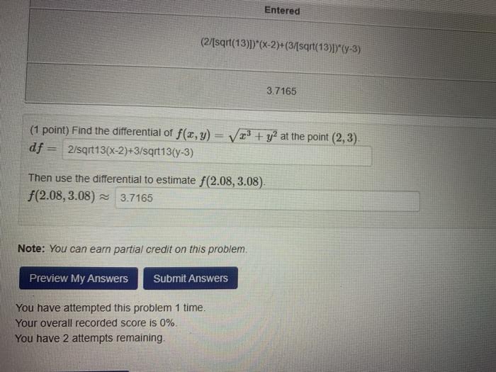 Solved Entered (2/[sqrt(13)])*(x-2)+(3/(sqrt(13)])*(y-3) | Chegg.com