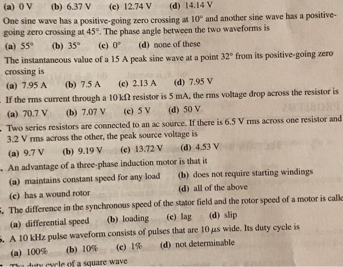 Solved (a) OV (b) 6.37 V (c) 12.74 V (d) 14.14 V One sine | Chegg.com