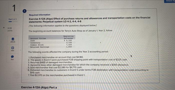 Solved Required information Exercise 4-12A (Algo) Effect of | Chegg.com
