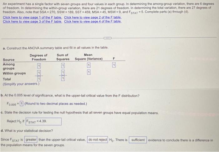 An experiment has a single factor with seven groups | Chegg.com