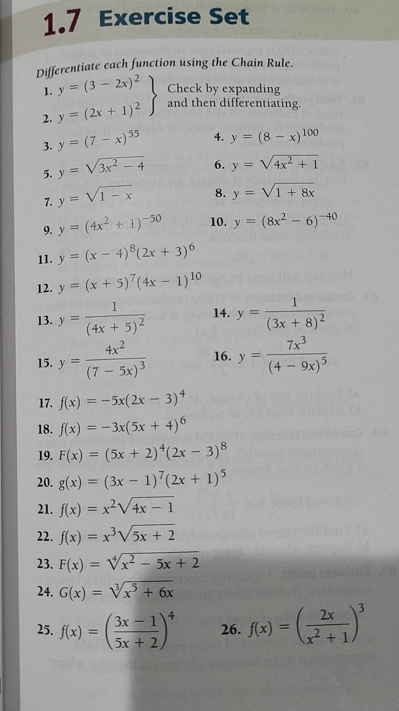 Solved 1.7 Exercise Set Differentiate each function using | Chegg.com